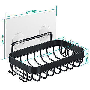 Soap Dish Holder for Shower Wall, 304 Stainless Steel Bar Soap Holder with Hooks for Bathroom, Sponge Holder for Kitchen Sink-Powerful Adhesive No Drilling