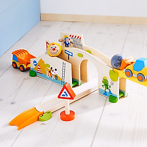 HABA Kullerbu at The Construction Site Play Track - 13 Piece Starter Set with 2 Vehicles and Fascinating Ball Drop - Ages 2 and Up