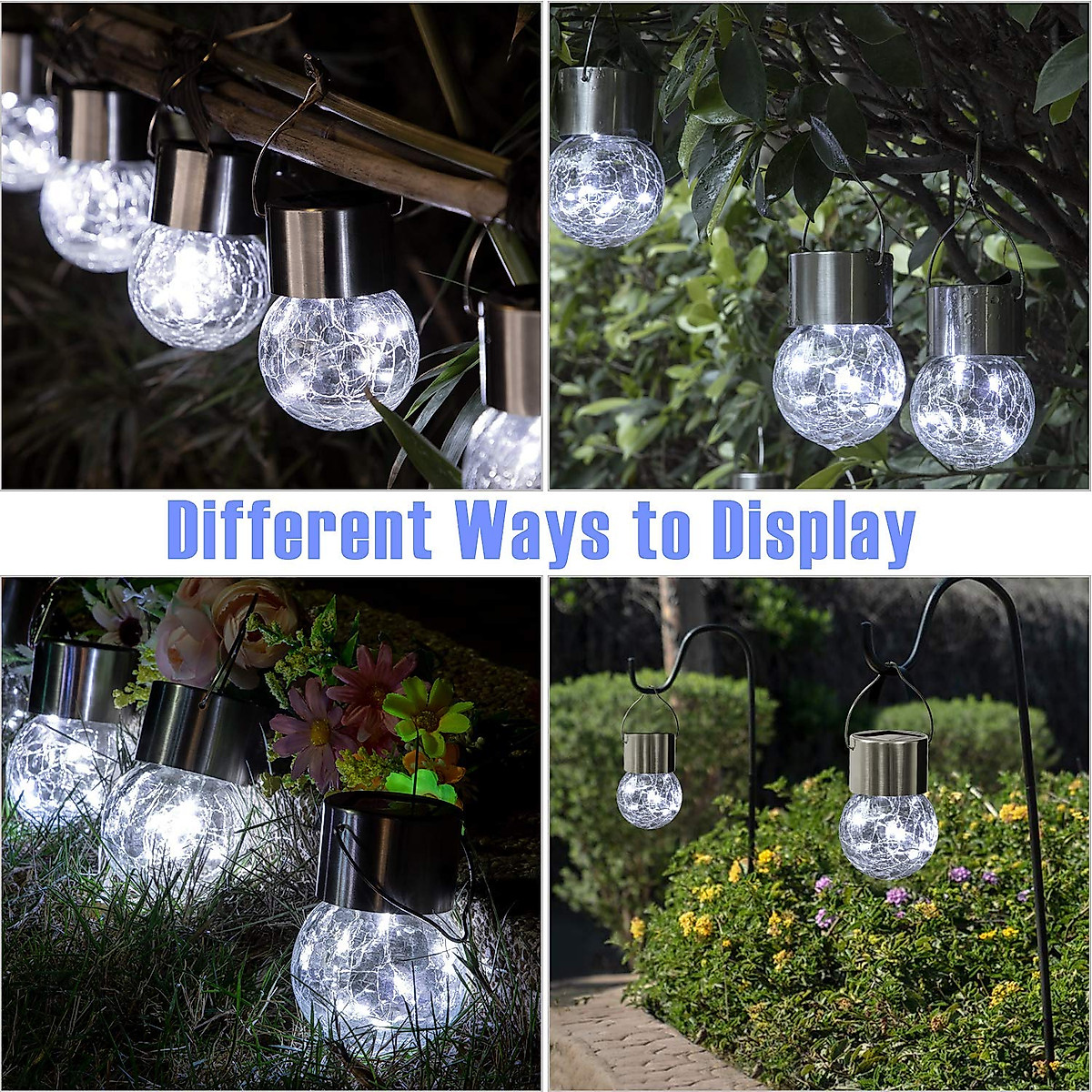 10-Pack Hanging Solar Lights Outdoor, Solar Powered Cracked Glass Ball Light, Decorative Globe Lighting Outdoor Waterproof with Handle for Garden, Tree, Holiday Decoration, Cool White