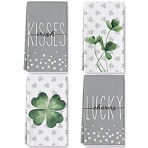 AnyDesign St. Patrick's Day Kitchen Towel Gray White Lucky Kisses Dish Towel Shamrock Clover Hand Drying Tea Towel for Cooking Baking Cleaning Wipes, 18 x 28 Inch, Set of 4