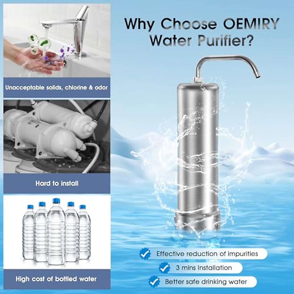 OEMIRY Countertop Water Filter System, NSF/ANSI 42 Certified, Stainless Steel 8000 Gallons Faucet Water Filter, Reduces 99.99% Lead, Chlorine, Heavy Metals, Bad Taste & Odor (1 Filter Included)