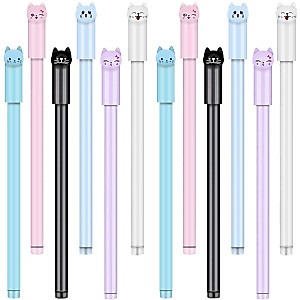 Sencoo 12 Pack Erasable Gel Pens - Black, Cute, Kawaii Cat Pens with Ultra Fine 0.5 mm Point