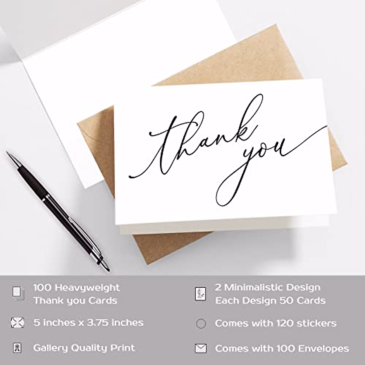 Thank You Cards with Kraft Envelopes & Stickers (Bulk 100-Pack), 5 x 3.75 Inch Minimalist Design Thank You Blank Notes for Engagement, Wedding, Baby Shower, Graduation, Bridal Shower, Business, Funeral (White)