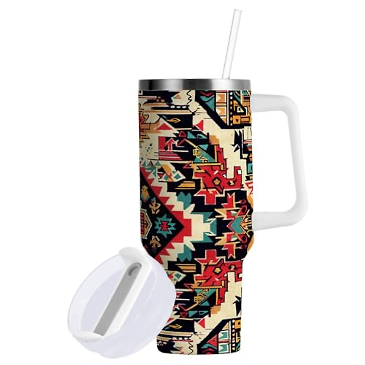Jihqo Indian Ethnic Pattern 40 oz Stainless Steel Vacuum Insulated Tumbler with Handle and Straw Lid, Leakproof Water Bottle Double Wall Travel Mug Coffee Cup, Cupholder Friendly