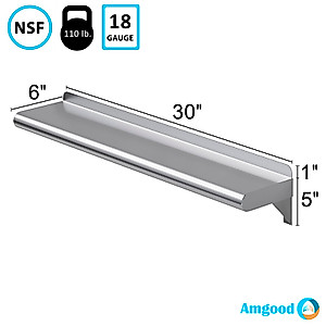 AmGood 6" X 30" Stainless Steel Wall Shelf | NSF | Metal Shelving | Garage, Laundry, Storage, Utility Room | Restaurant, Commercial Kitchen