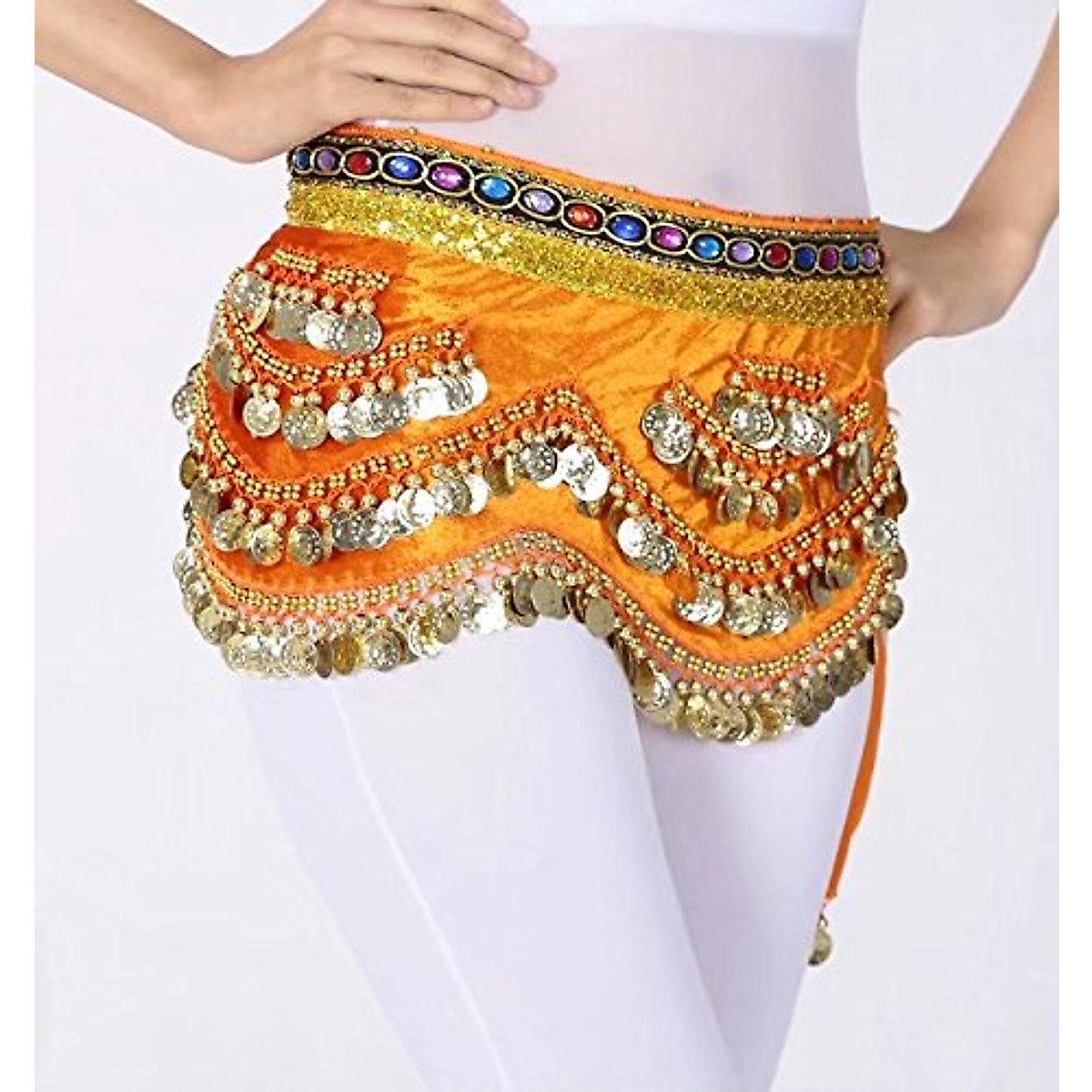 ZLTdream Belly Dance Belt Wave Shape Hip Scarf With Gold Coins Orange