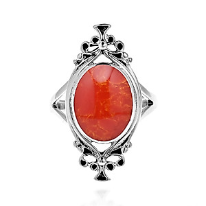 Reconstructed Red Coral Vintage Style .925 Sterling Silver Ring (8)