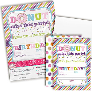 Colorful Donut with Sprinkles Birthday Party Invitations, 20 5x7 Fill In Cards with Twenty White Envelopes by AmandaCreation