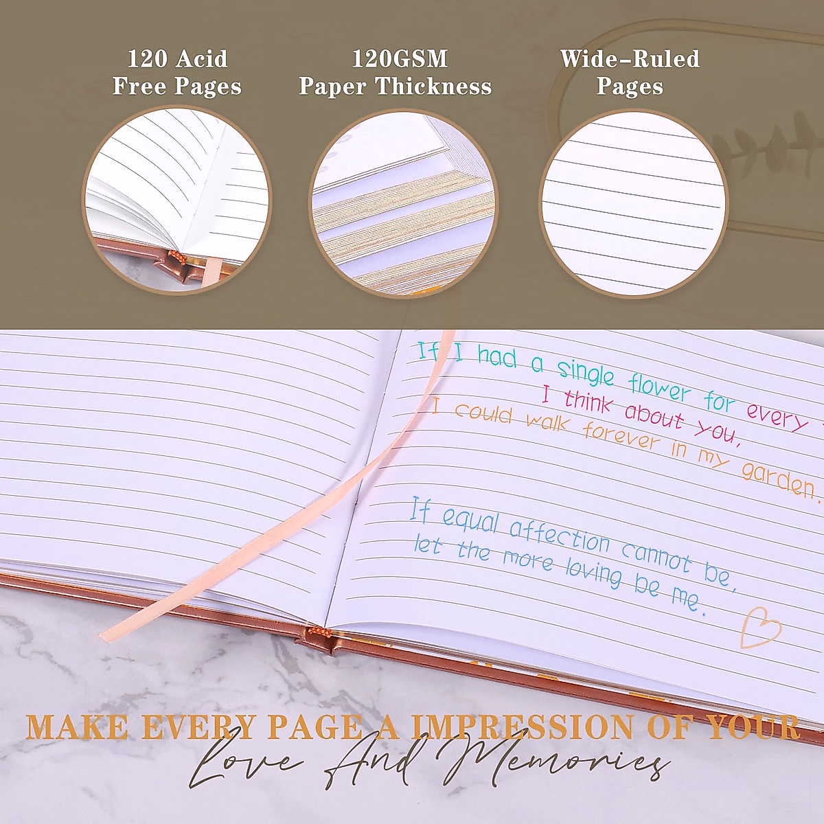 Personalized Wedding Guest Book, Elegant Hardcover Guest Sign in Book for Wedding Reception, Birthday, Graduation Party, Bridal & Baby Shower, Custom Guestbook with Gilded Edges & Gold Metallic Foil