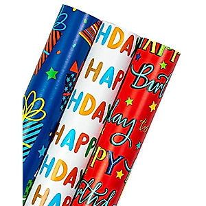 WRAPAHOLIC Reversible Birthday Wrapping Paper Roll - Mini Roll - 3 Rolls - 17 Inch X 120 Inch Per Roll - Happy Birthday Lettering and Gift Box for Kid's Birthday, Baby Shower