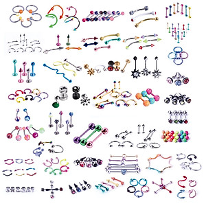 BodyJ4You 120PC Body Piercing Jewelry Lot - Ear Tragus Cartilage Daith Nose Septum Lip Belly Button - 14G 16G 18G RANDOM Mix - Horseshoes Rings Barbells Studs Industrial - Unisex Male Female