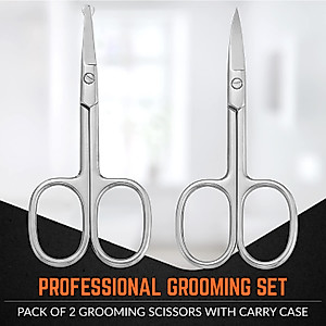 Stainless Steel Grooming Scissors - Eyebrow Scissor, Beard & Mustache Trimming Set, Small Curved & Rounded Tip Facial Hair Trimmer Kit for A Much Safer Ear, Nose Hair Clipper for Men & Travel Case