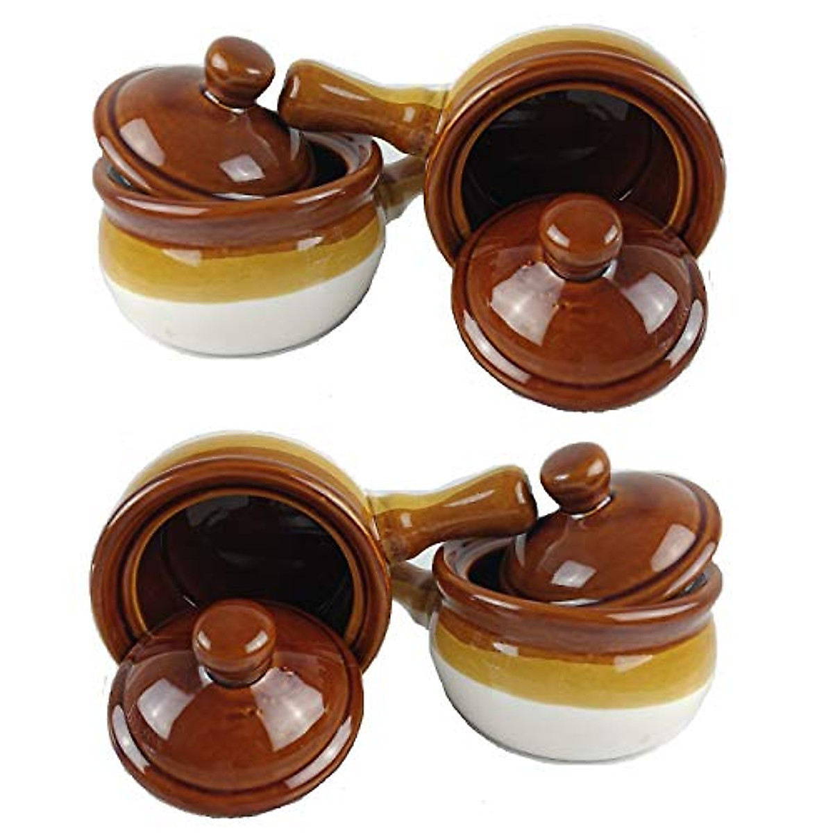 Individual French Onion Soup Crock Chili Bowls with Handles and Lids, Ceramic 16 Ounces 4 Pack