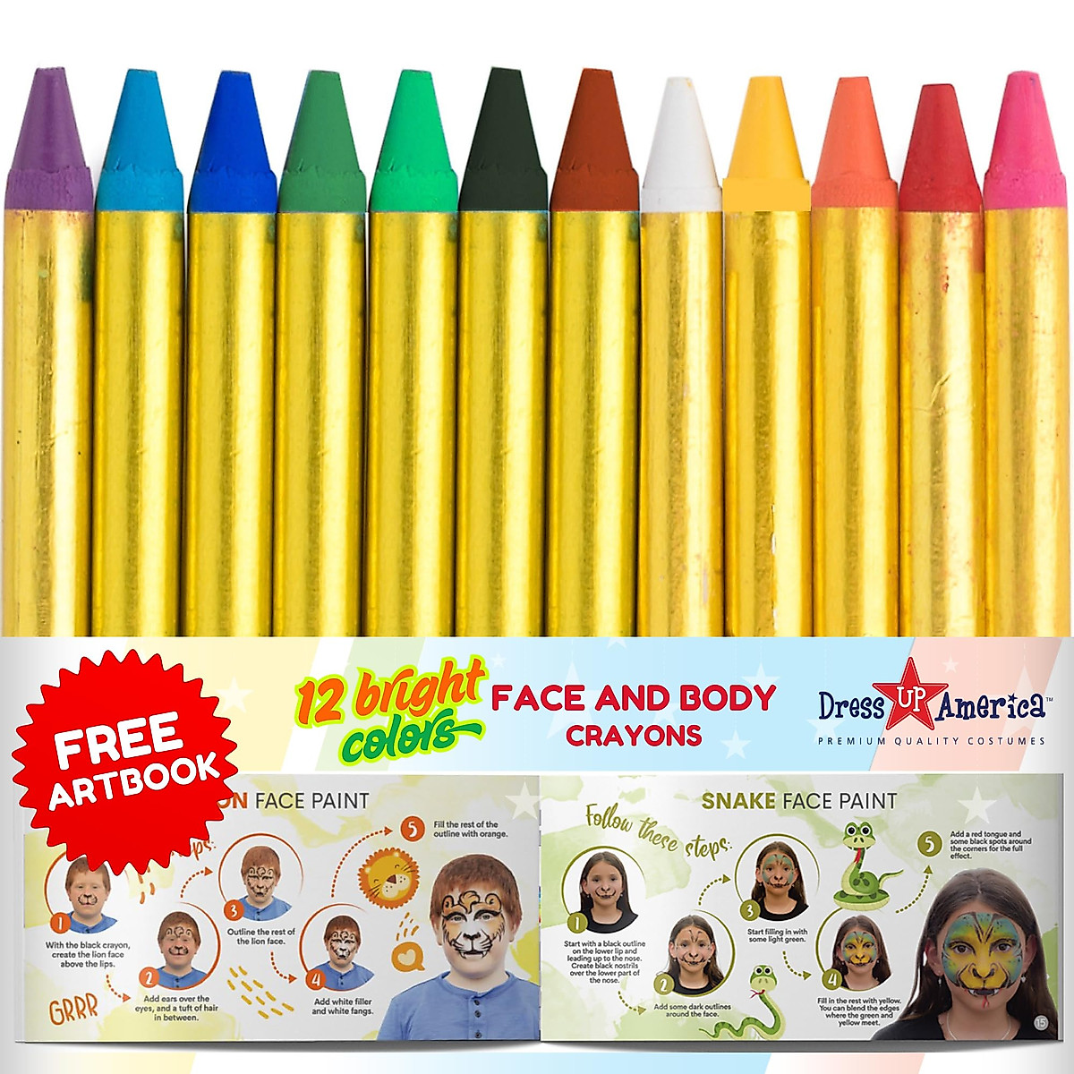 Dress Up America Face Paint Crayons - With Artbook & Easy To Follow Facepainting Designs -Safe Non-Toxic Face And Body Paint Made in Taiwan - Halloween Makeup Face Painting Kit for Kids & Adults