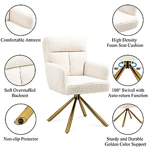 NORDICANA 180° Swivel Sherpa Living Room Chair Modern Armchair with Golden Legs Ergonomic Upholstered Accent Chair No Wheels for Bedroom Reading Home Office, Off White