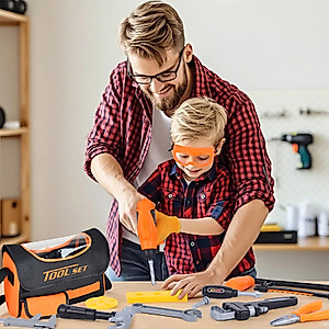 Toy Tool Set for Boys 46pcs Pretend Play Construction Toy with Storage Bag&Kids Toolbelt, Electric Drill Toy, Tape Measure, Goggle Toys Durable Kids Tool Accessories for 3 4 5 6 Year Old Kids Boys