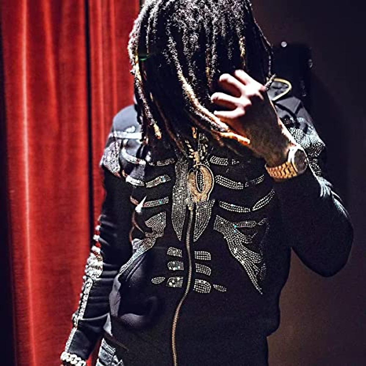 Creaion Rhinestone Y2k Full Zip Up Hoodie over Face Rib-Cage Skull Skeleton Jacket Oversized Hip Hop Streetwear Hoodies for Men Women