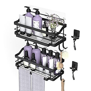 Sinminou Adhesive Shower Caddy With 5 Hooks & 2 Tower Hanger, Rustproof SUS304 Stainless Steel Shower Shelf Basket, Wall Mounted No Drilling Shower Organizer Shampoo Holder - 2 Pack (Black)