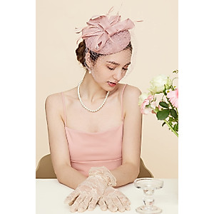 Gionforsy Pillbox Fascinator Veil Feather Derby Hat Lace Gloves Pearl Necklace (Style 8-Pink)