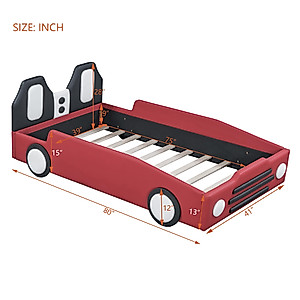 Harper & Bright Designs Twin Size Race Car-Shaped Platform Bed with Wheels, Faux Leather Upholstered Twin Bed Frame for Kids Boys Girls, No Box Spring Needed, Red