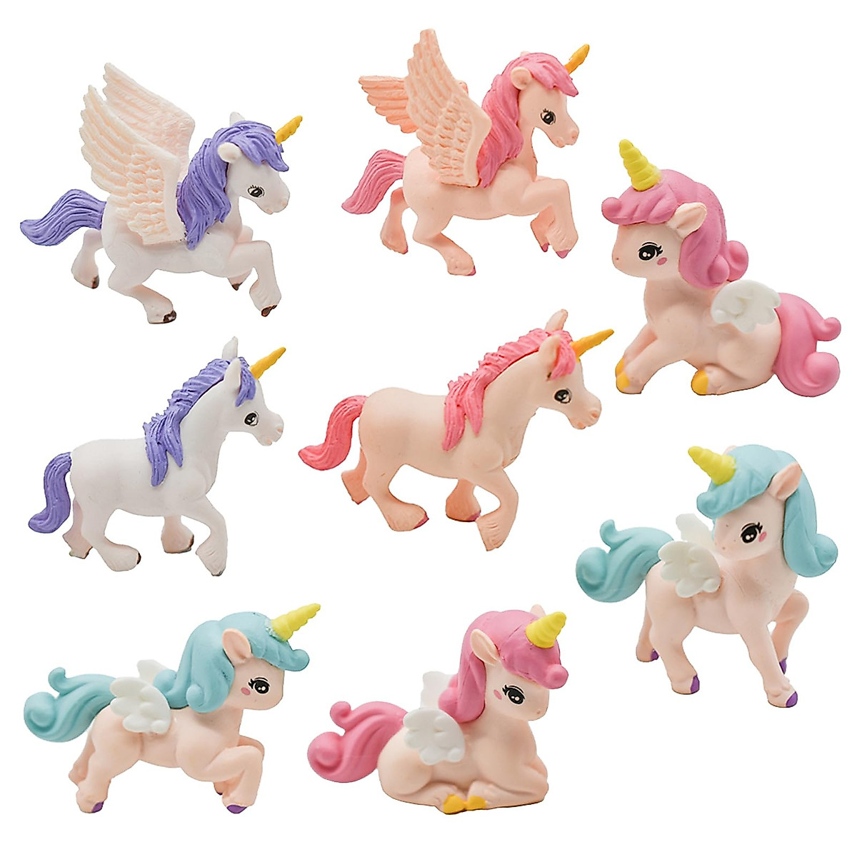 Pinenjoy 8Pcs Mini Flying Horse Unicorn Figurine Miniature Resin Unicorns Cake Toppers Fairy Garden Accessories for DIY Moss Landscape Dollhouse Birthday Party Decorations