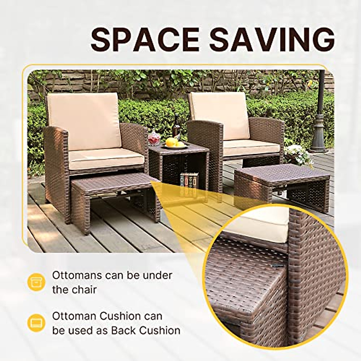 OC Orange-Casual 5 Pcs Patio Conversation Set Balcony Furniture Set with Beige Cushions, Brown Wicker Chair with Ottoman, Storage Table for Backyard, Garden, Porch