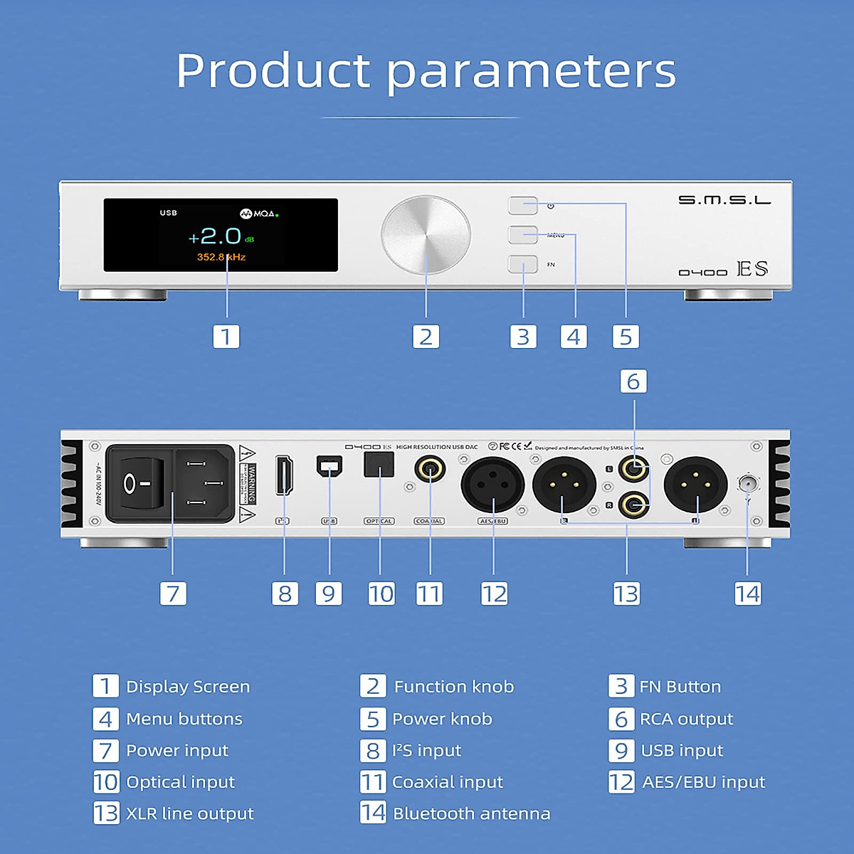 SMSL D400ES Lossless Bluetooth HiFi Fever MQA Balanced Pure Decoder ES9039MS Pro high-end Fever DAC DSD512 Hard Solution The New Third-Generation XMOS XU-316 (with Remote Control)
