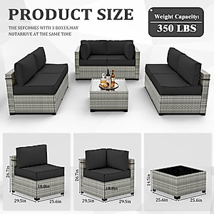 Kimunuk 7-Piece Outdoor Patio Furniture Set with 5" High-Resiliency Seat Cushions, Light Grey Gradient Wicker Sectional Sofa, Modular Wicker Patio Conversation Set, with Coffee Table-Grey/Black