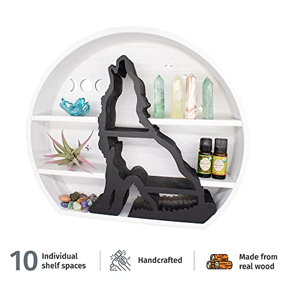 WONDERMAR Wolf Shelf For Crystals - Crescent Moon Shelf For Rocks, Oils, Plants - Crystal Shelf Display For Wall Decor or Tabletop - Floating Moon Shelves For Cabins, Boho, Rustic, Farmhouse - (White)