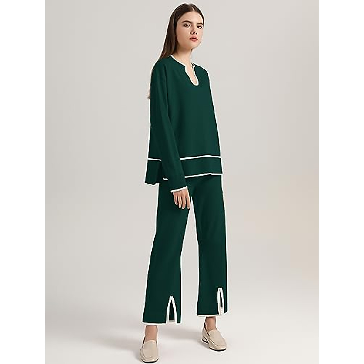 SuperPrity 2 Piece Sweater Sets for Women Winter Wide Leg Pants Knit Outfits Set Comfy Long Sleeve Lounge Wear Sweatsuit Set-L,Dark Green