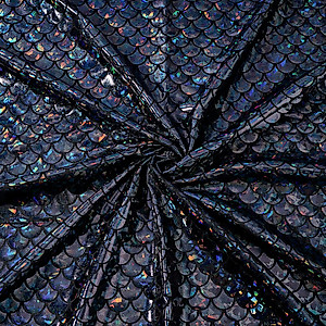 FINGERINSPIRE Mermaid Scales Fabric 39x59 inch Black Sparkly Hologram Spandex Mermaid Printed Fish Scale 2 Way Stretch Mermaid Fishscale Fabric for Clothes Sewing, DIY Craft, Party Decor