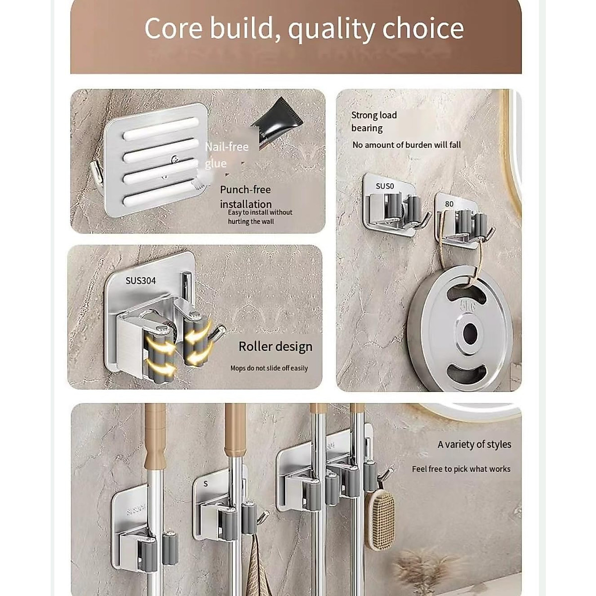 3-pack punch-free stainless steel broom and mop multifunctional rack hooks - self-adhesive and no drilling required - universal for kitchen, bathroom and garden (silver)