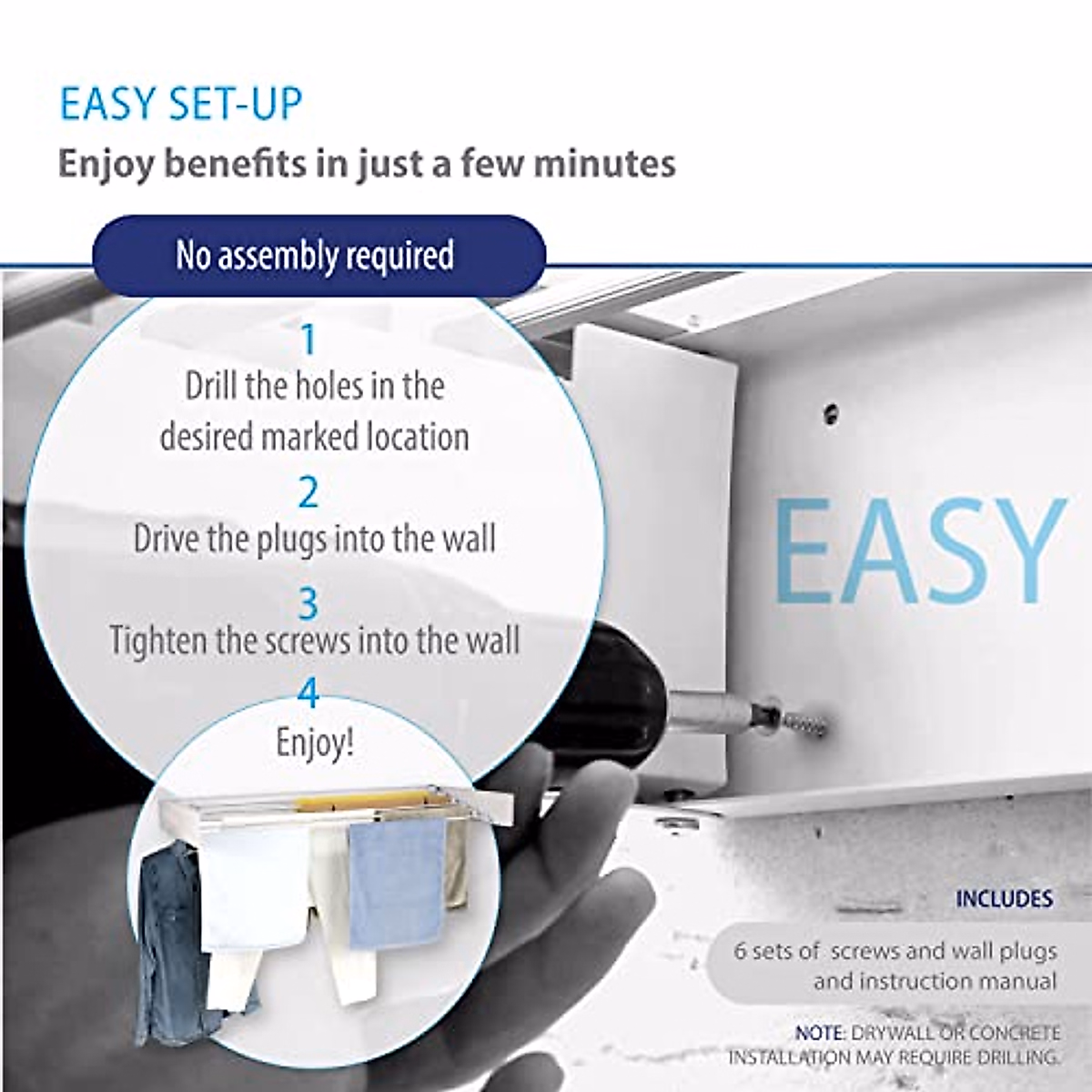 Wall mounted retractable clothing drying rack. Foldaway clothes rack. Collapsible folding hung indoor & outdoor. Space saver compact wall mount design. Foldable Hanging Racks for Laundry room (white)