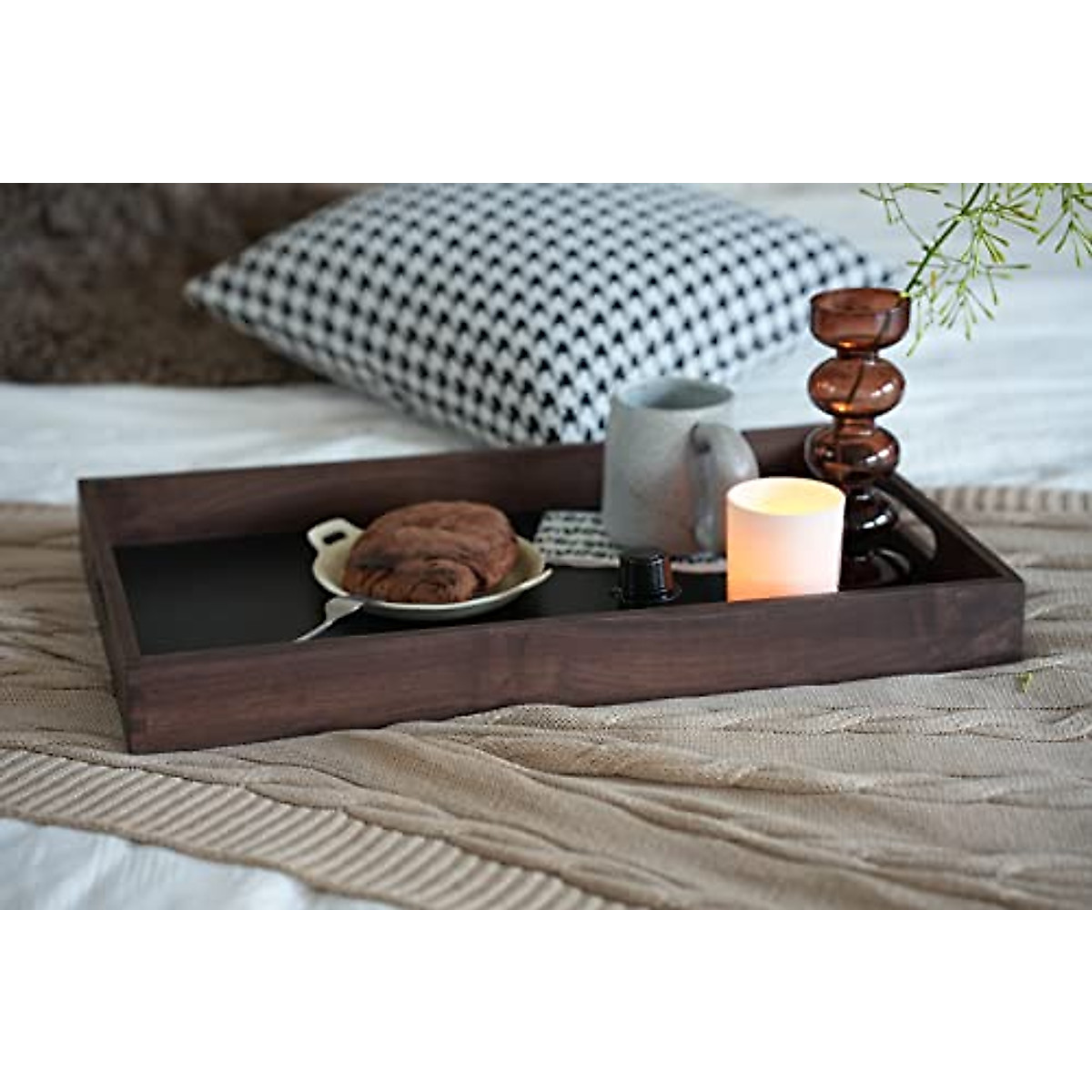 CRAZYWOOD 22x13 Inches Walnut with Carry Handle Black Ottoman Tray Serve Tea Coffee or Breakfast in Bed Classic Wooden Decorative Serving Tray