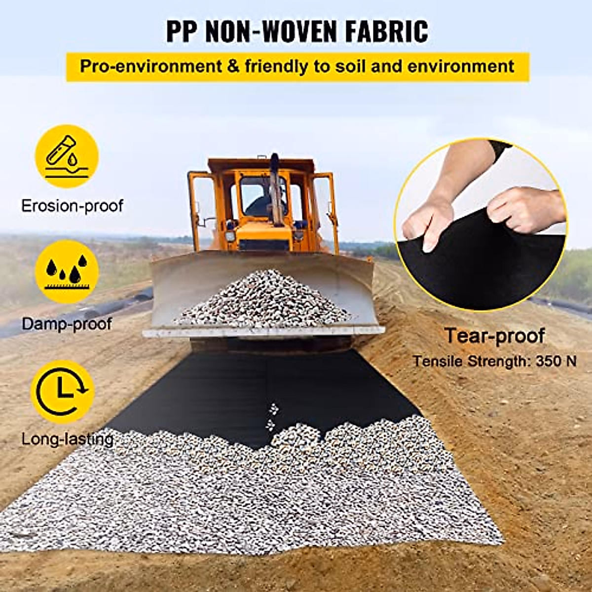 VEVOR Geotextile Landscape, 15ft x 20ft 4 oz Non-Woven PP Drainage 350N Tensile Strength & 440 N Load Capacity, for Ground Cover, Garden Fabric, French Drains, Black