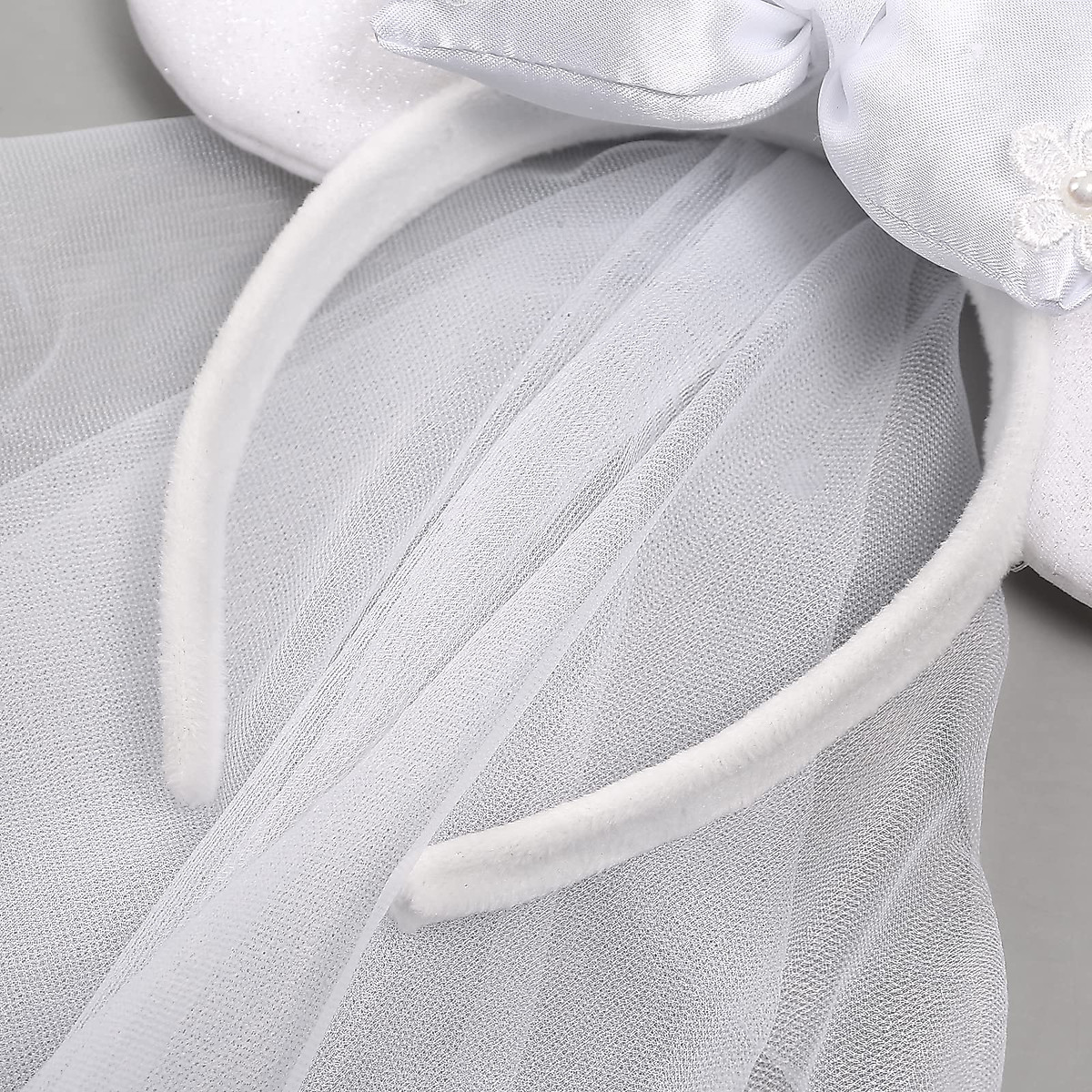 JIAHANG Bridal Veil Mouse Ear Bow Headband with Flowers, White Honeymoon Wedding Headpiece, Bachelorette Party Costume Headwear for Women Girls