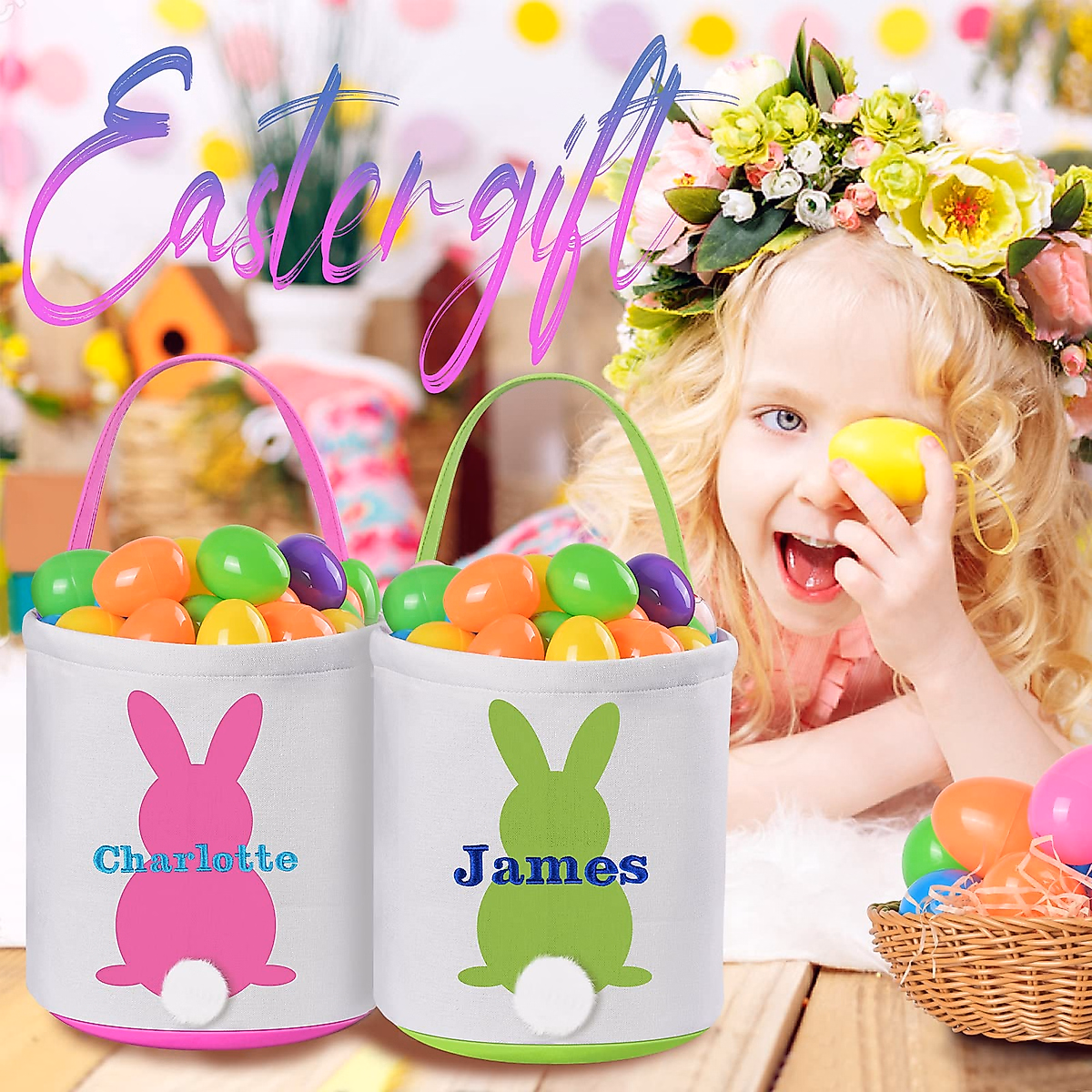 Personalized Easter Basket, Jocidea 1 Pack Customized Easter Baskets Personalized Easter Gifts for Kids Easter Basket Toys for Girls Easter Toys - Easter Basket Stuffers for Kids & Toddler - Pink