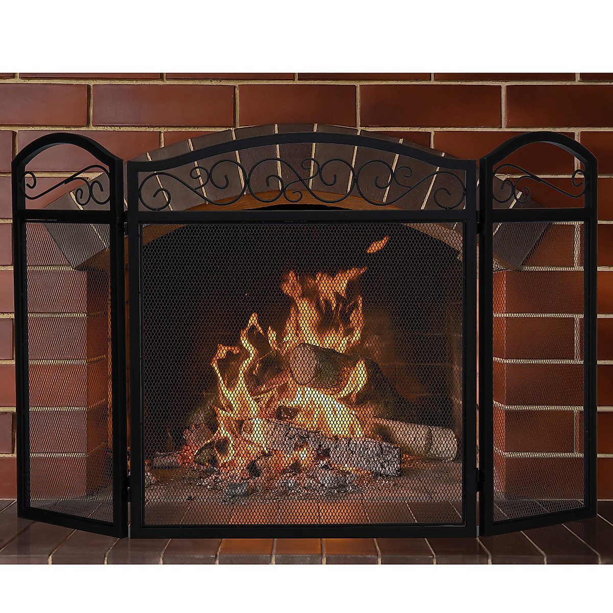 MyGift Black Wrought Iron 3 Panel Arched Fireplace Screen, Metal Mesh Screen Fire Spark Guard for Indoor Fireplace with Decorative Scrollwork Design