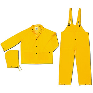 MCR Safety FR2003XL Classic PVC/Polyester 3-Piece Flame Resistant Rainsuit with Attached Hood and Bib Pants, Yellow, X-Large