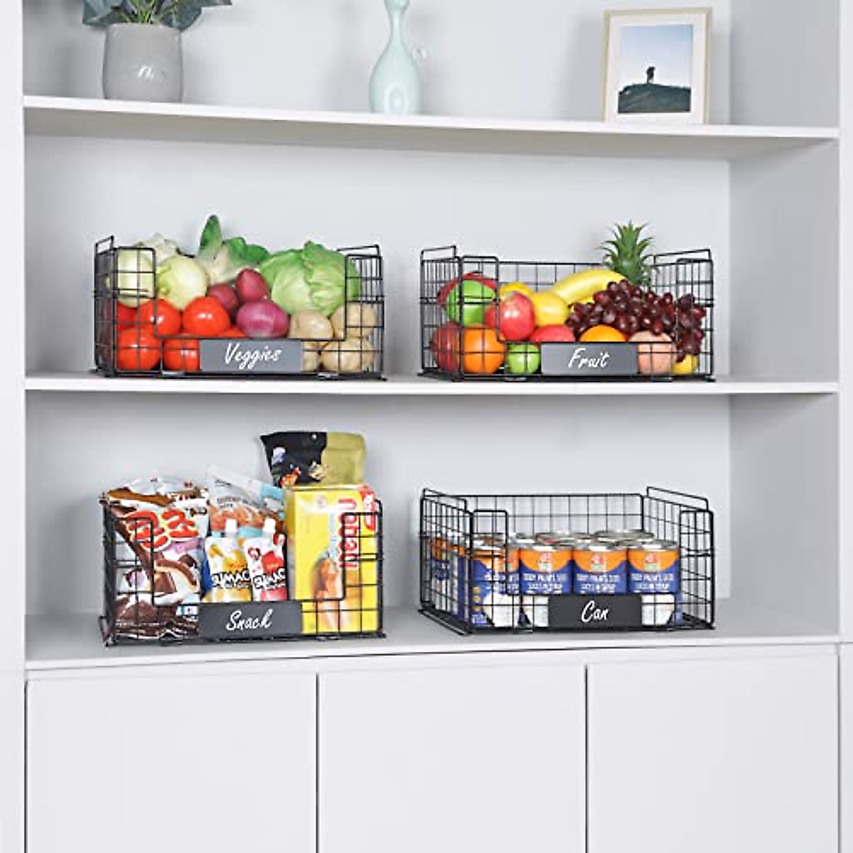 4 Pack XXL Stackable Wire Baskets with Handles for Pantry Storage and Organization,Fruit and Vegetable Basket with Name Plates,Metal Storage Bins for Snack Can Fruit Veggies