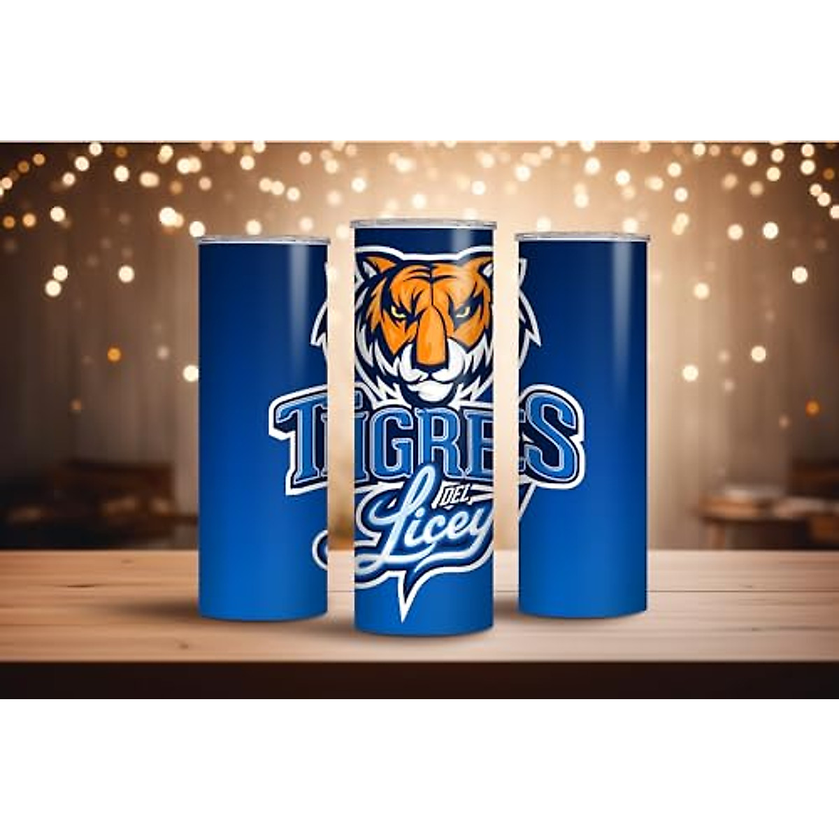 Licey Dominican Team Tumbler, 20 oz Stainless Steel Baseball Themed Tumbler, Double Wall for Hot and Cold Drinks, Cute Design with Lid, Brush and Straw, Non-Slip Base, Travel Mug. (Blue)