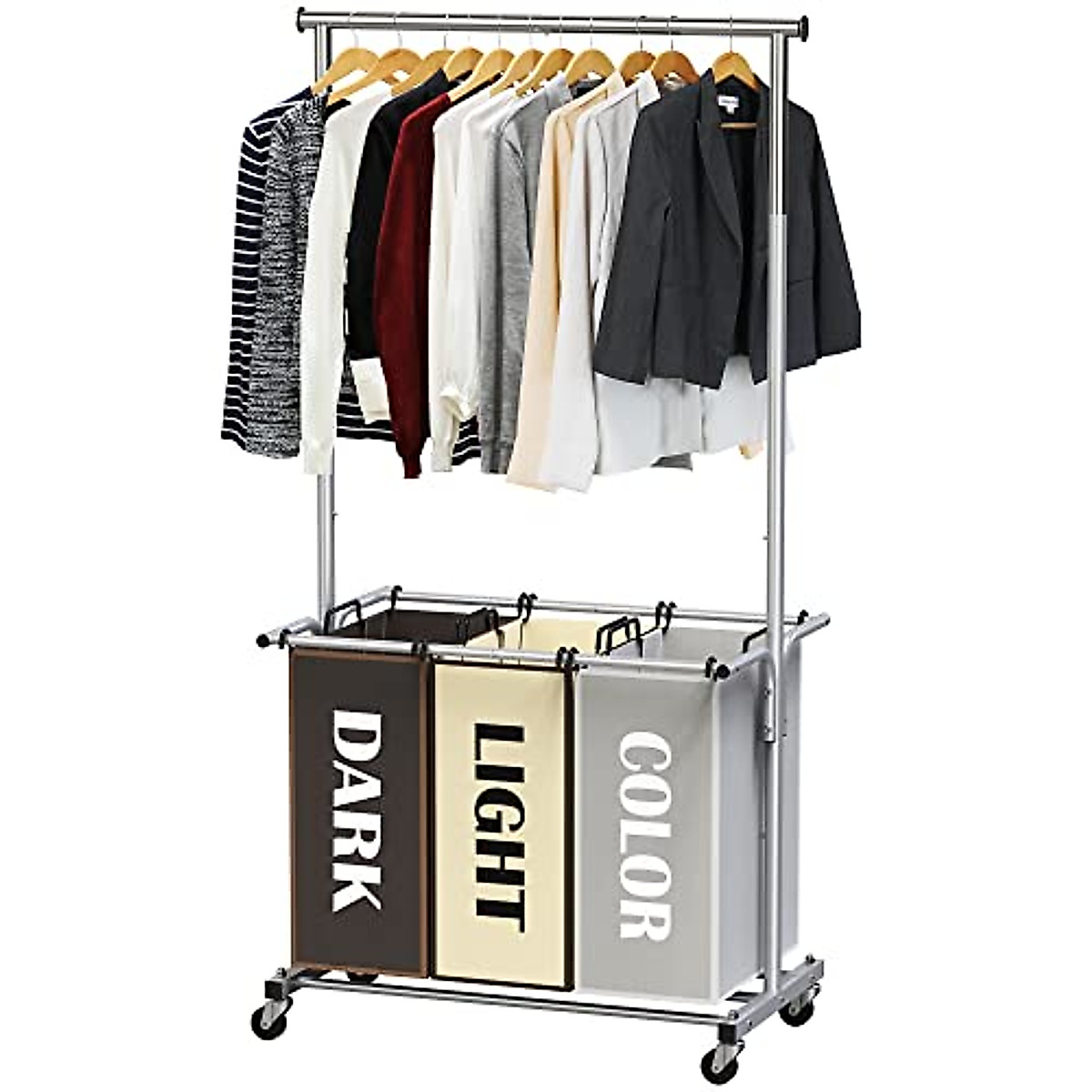 Simple Houseware Garment Rack with 3 Bag Laundry Sorter, Multi Color