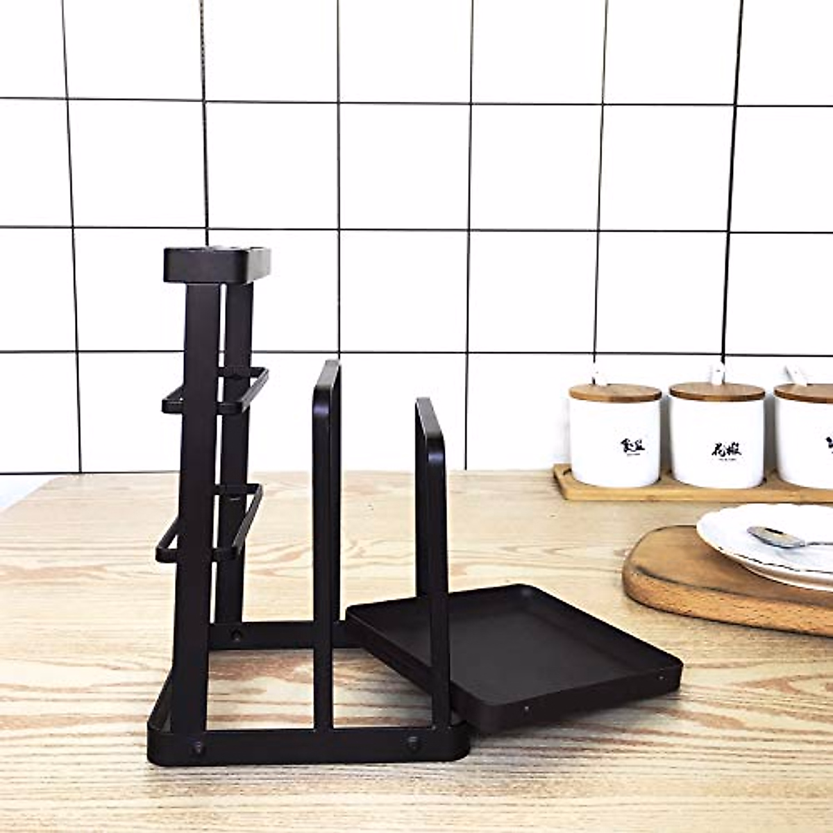 VANRA Metal Steel Cutting Board Holder Knife Block Kitchen Organizer Pantry Bakeware Rack Pan Pot Cover Lid Rack Stand with Draining Tray (Brown)