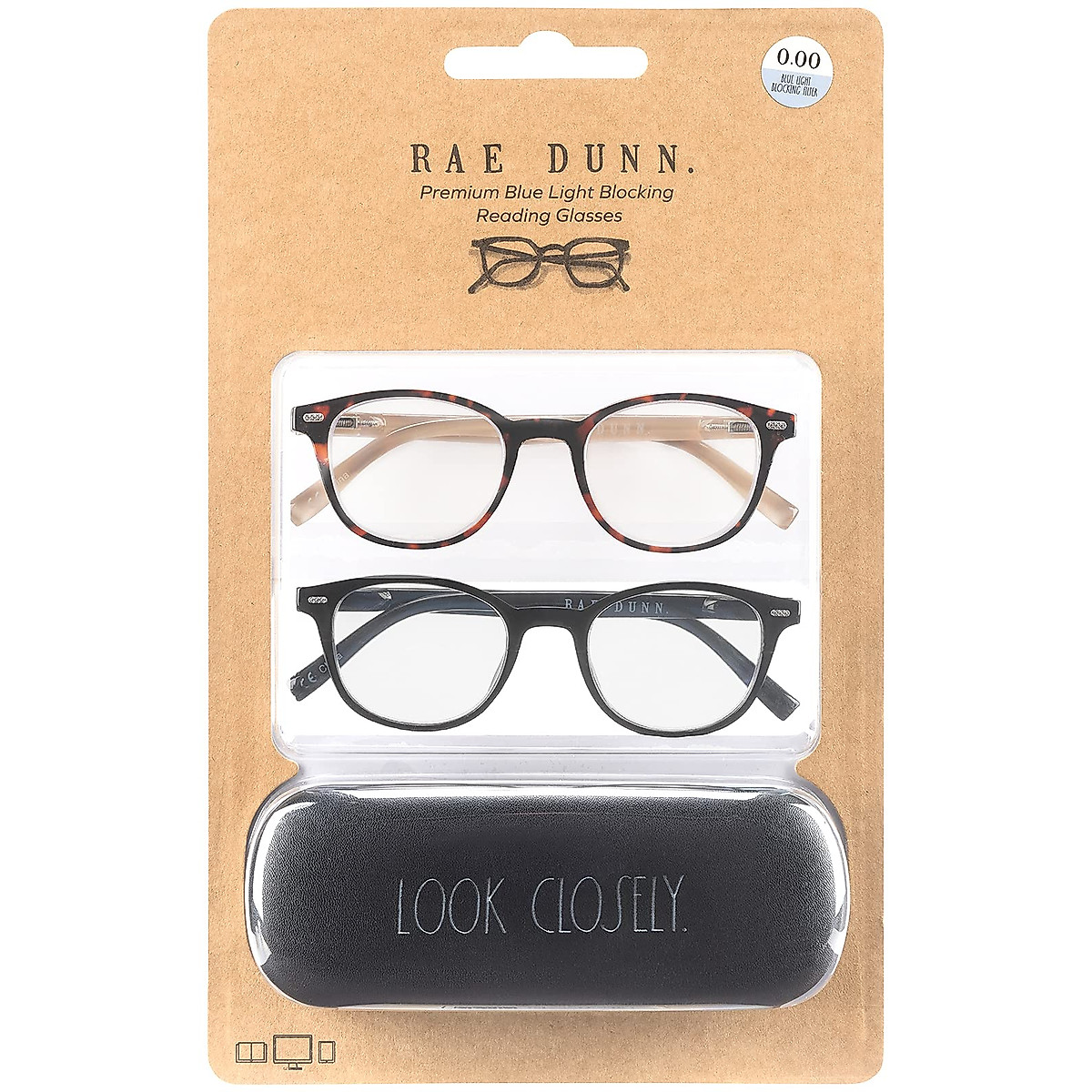 Rae Dunn "ELIZA Blue Light Blocking Reading Glasses - 2 Pack w/LOOK CLOSELY Signature Font Hard Case (Glossy Standard Tortoise/Glossy Jet Black, +0.0)