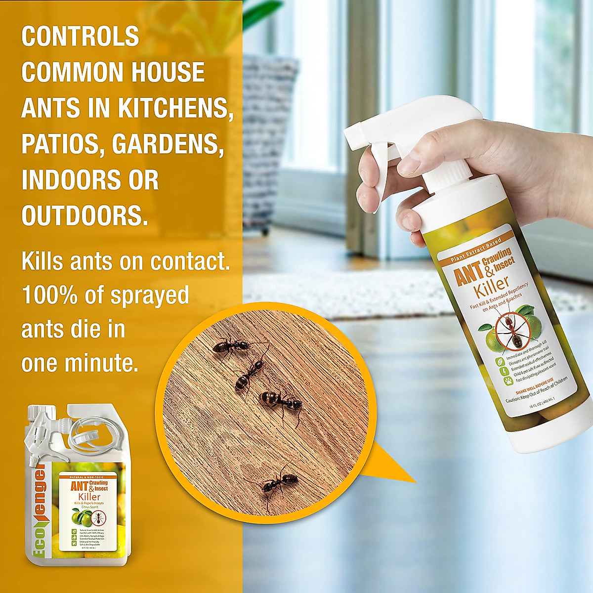 EcoVenger Ant Killer & Crawling Insect Killer (Citrus Scent) 16 OZ, Kills Fast in Minutes, Also Kills Spiders, Centipedes & More, Repels with Residual, Natural & Non-Toxic, Children & Pets Safe…