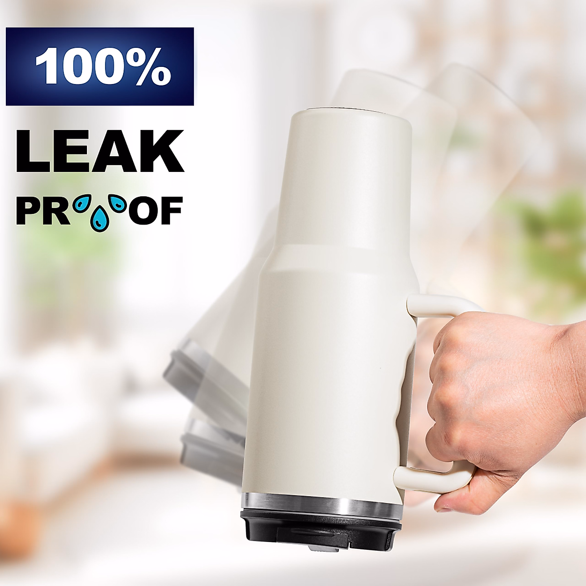 Klickpick Home 40 Ounce Stainless Steel Vaccum Insulated Thermal Tumbler With Handle Lid 2 straws, Reusable Travel Coffee Mug Cup Cupholder friendly, Keeps cold for 30 H, 100% Leakproof (Cream)