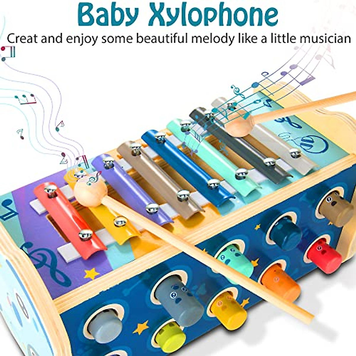 KIDWILL Wooden Hammering Pounding Toy for 12+ Months Kids, Montessori Toys for 1+ Year Old Babies, Early Development Toy with Pounding Bench, Xylophone, Number Sorting Maze, Gifts for Toddlers Age 1-2