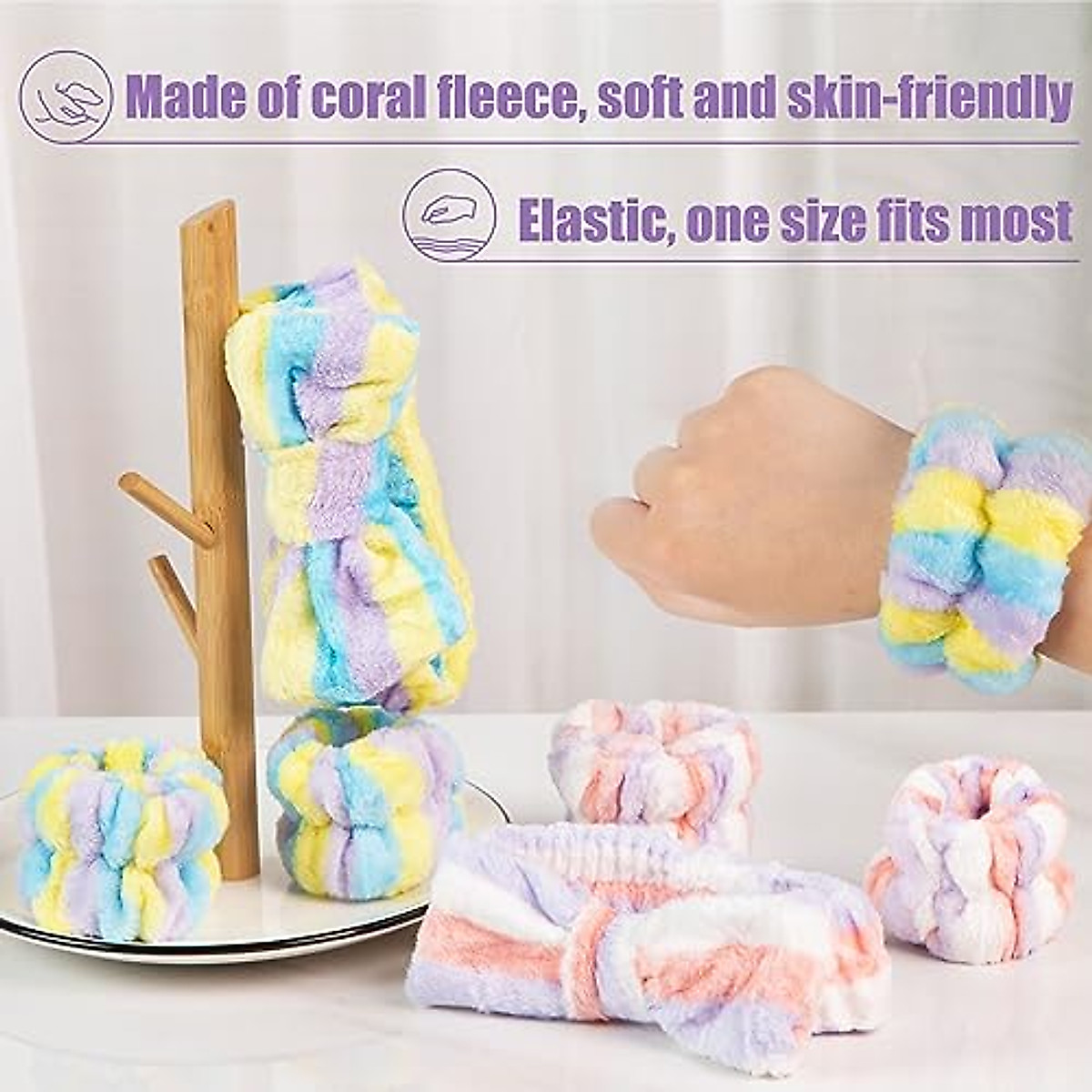 Shindel 6PCS Face Wash Headband Set, Makeup Wash Headbands with Wristbands Coral Fleece Bow Hair Bands for Women Spa Skin Care Yoga