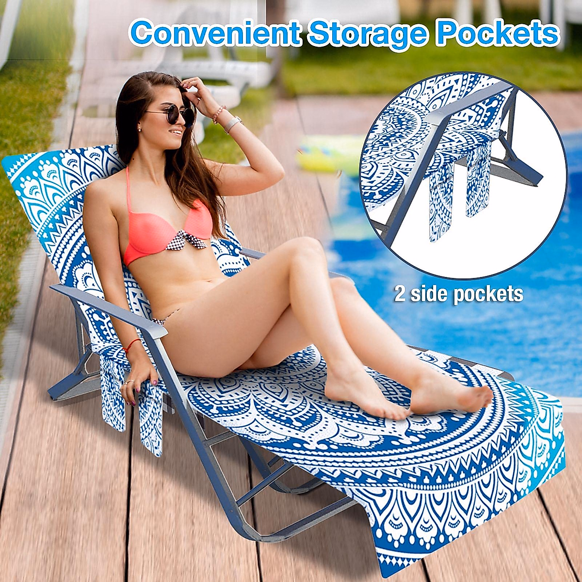 Jienono Beach Chair Cover, Microfiber, Quick-Drying, Side Pockets, Elastic Straps, Multiple Colors Available