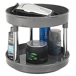 mDesign 2 Tier Lazy Susan Turntable Food Storage Container for Cabinets, Pantry, Fridge, Countertops - Raised Edge, Spinning Organizer for Spices, Condiments - 9" Round - Charcoal Gray/Chrome